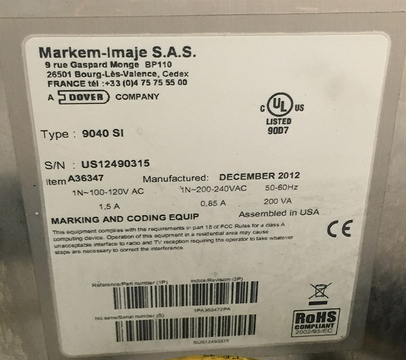 Markem-Imaje TYPE 9040 INKJET MARKING MACHINES MARKING MACHINE (Ref No ...