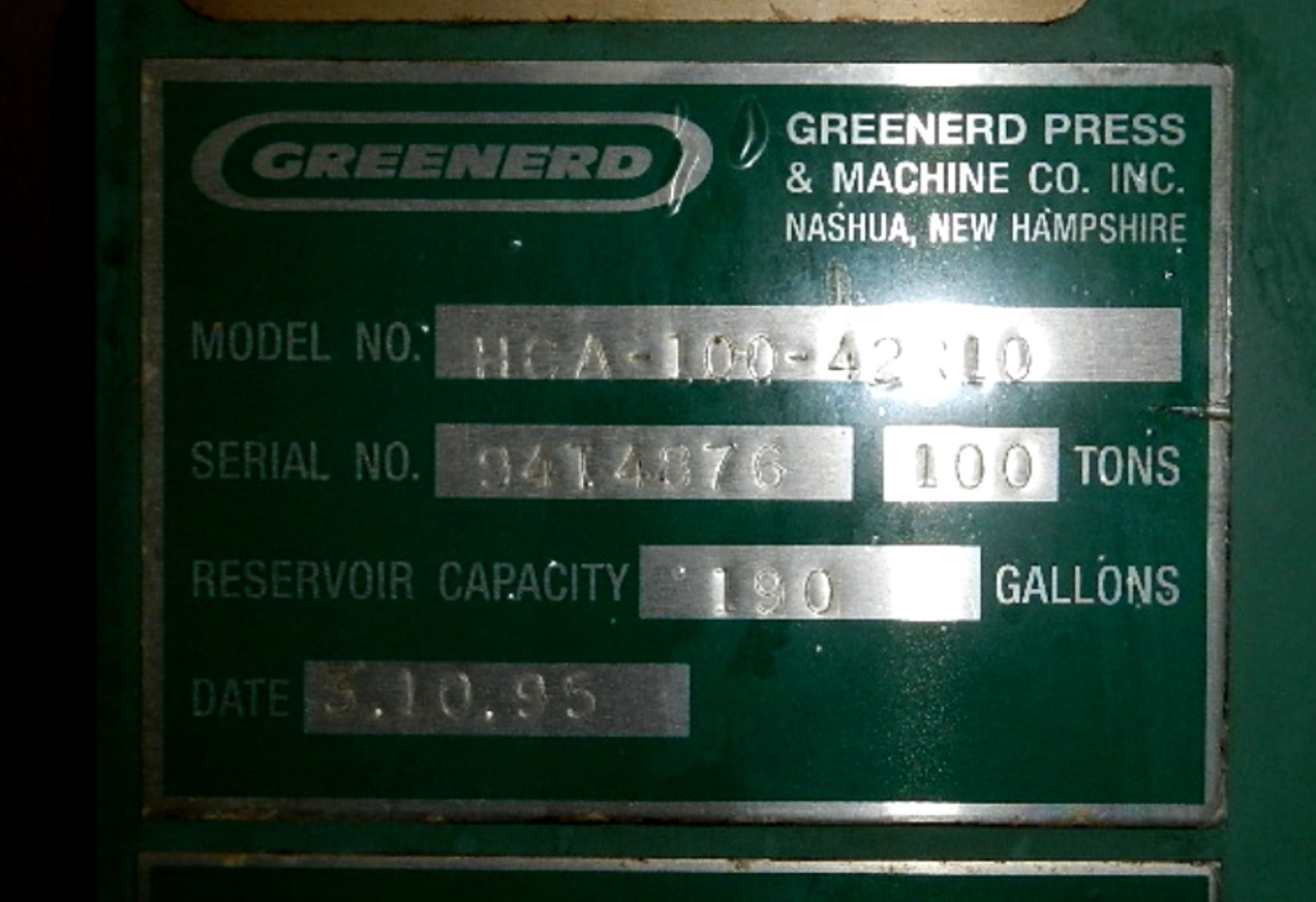 100 Ton 18'' Stroke Greenerd HCA-100-42R100 HYDRAULIC PRESS (Ref No ...