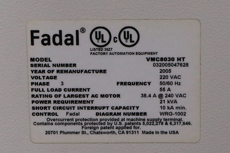 80'' X Axis 30'' Y Axis Fadal 8030 HT VERTICAL MACHINING CENTER (Ref No: 167603) - Machinery Values