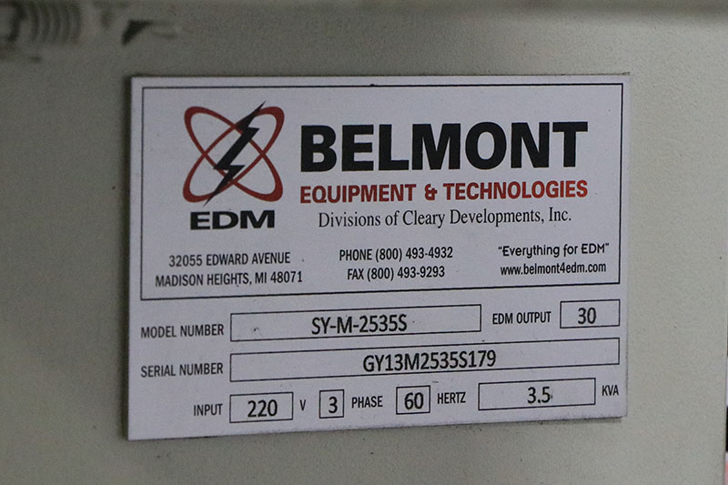 9.8 AMPS 13.7 Belmont SY-M-2535S, 2013,FOR CARBIDE USING OIL DIELECTRIC ...