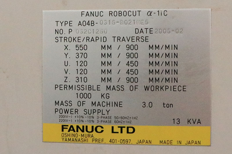 14.57'' Y Axis 21.65'' X Axis Fanuc ROBOCUT ALPHA 1Ic, 2006, Fanuc ...